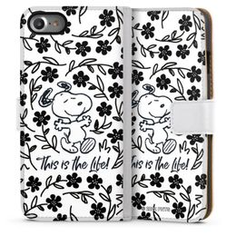 DeinDesign iPhone SE (2022) Handy Klapph&uuml;lle Handyh&uuml;lle aus Kunst Leder wei&szlig; Flip Case Flowers Snoopy Peanuts Sideflip mit Lasche
