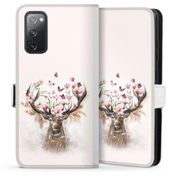 DeinDesign Galaxy S20 FE 5G Handy Klapph&uuml;lle Handyh&uuml;lle aus Kunst Leder wei&szlig; Flip Case Flowers Deer Animals Sideflip mit Lasche