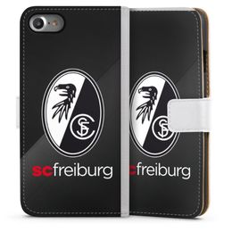 DeinDesign iPhone SE (2022) Handy Klapph&uuml;lle Handyh&uuml;lle aus Kunst Leder wei&szlig; Flip Case Sc Freiburg Lettering Logo Sideflip mit Lasche