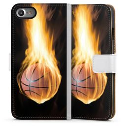 DeinDesign iPhone SE (2020) Handy Klapph&uuml;lle Handyh&uuml;lle aus Kunst Leder wei&szlig; Flip Case Fire Sports Basketball Sideflip mit Lasche
