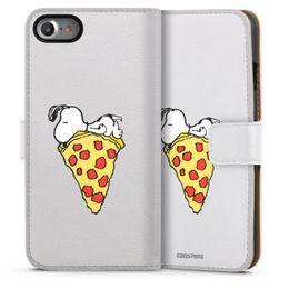 DeinDesign iPhone SE (2020) Handy Klapph&uuml;lle Handyh&uuml;lle aus Kunst Leder wei&szlig; Flip Case Snoopy Pizza Peanuts Sideflip mit Lasche