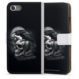 DeinDesign iPhone SE (2022) Handy Klapph&uuml;lle Handyh&uuml;lle aus Kunst Leder wei&szlig; Flip Case Skulls Skull Raven Sideflip mit Lasche