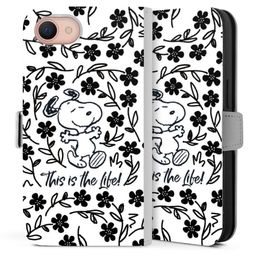 DeinDesign iPhone 16e Handy Klapph&uuml;lle Handyh&uuml;lle aus Kunst Leder wei&szlig; Flip Case Peanuts Flowers Snoopy Sideflip mit Lasche