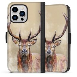DeinDesign iPhone 13 Pro Handy Klapph&uuml;lle Handyh&uuml;lle aus Kunst Leder schwarz Flip Case Animal Look Deer Reindeer Sideflip mit Lasche