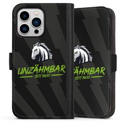 DeinDesign iPhone 13 Pro Handy Klapph&uuml;lle Handyh&uuml;lle aus Kunst Leder schwarz Flip Case Horse Borussia M&ouml;nchengladbach Official Licensed Product Sideflip mit 