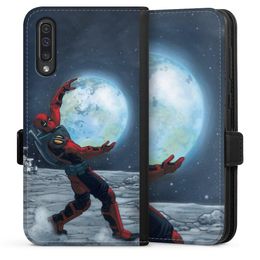 DeinDesign Galaxy A50 Handy Klapph&uuml;lle Handyh&uuml;lle aus Kunst Leder schwarz Flip Case Moon Marvel Deadpool Sideflip mit Lasche
