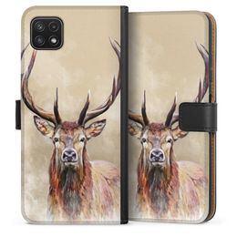DeinDesign Galaxy A22 5G Handy Klapph&uuml;lle Handyh&uuml;lle aus Kunst Leder schwarz Flip Case Animal Look Deer Reindeer Sideflip mit langer Lasche