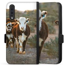 DeinDesign Galaxy A50 Handy Klapph&uuml;lle Handyh&uuml;lle aus Kunst Leder schwarz Flip Case Cow Farmer Calf Sideflip mit Lasche