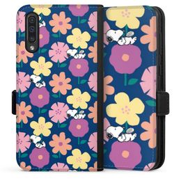 DeinDesign Galaxy A50 Handy Klapph&uuml;lle Handyh&uuml;lle aus Kunst Leder schwarz Flip Case Muster Snoopy Flowers Sideflip mit Lasche