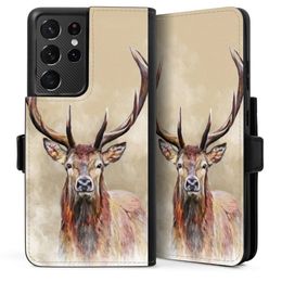 DeinDesign Galaxy S21 Ultra 5G Handy Klapph&uuml;lle Handyh&uuml;lle aus Kunst Leder schwarz Flip Case Animal Look Deer Reindeer Sideflip mit Lasche