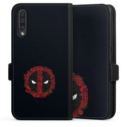 DeinDesign Galaxy A50 Handy Klapph&uuml;lle Handyh&uuml;lle aus Kunst Leder schwarz Flip Case Logo Marvel Deadpool Sideflip mit Lasche