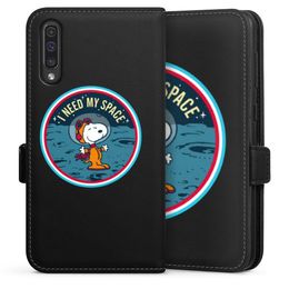 DeinDesign Galaxy A50 Handy Klapph&uuml;lle Handyh&uuml;lle aus Kunst Leder schwarz Flip Case Peanuts Weltall Snoopy Sideflip mit Lasche