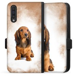 DeinDesign Galaxy A50 Handy Klapph&uuml;lle Handyh&uuml;lle aus Kunst Leder schwarz Flip Case Pet Dachshund Dog Sideflip mit Lasche