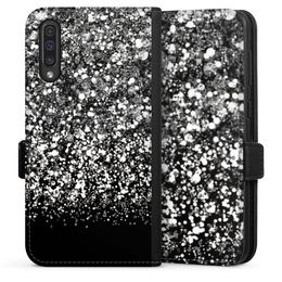 DeinDesign Galaxy A50 Handy Klapph&uuml;lle Handyh&uuml;lle aus Kunst Leder schwarz Flip Case Muster Snowflake Glitzer Sideflip mit Lasche