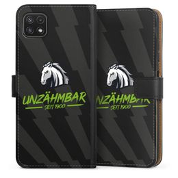 DeinDesign Galaxy A22 5G Handy Klapph&uuml;lle Handyh&uuml;lle aus Kunst Leder schwarz Flip Case Horse Official Licensed Product Borussia M&ouml;nchengladbach Sideflip mit 