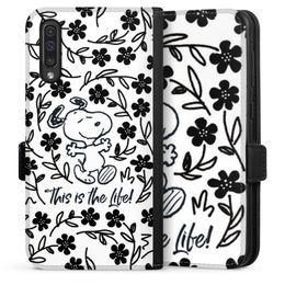 DeinDesign Galaxy A50 Handy Klapph&uuml;lle Handyh&uuml;lle aus Kunst Leder schwarz Flip Case Peanuts Flowers Snoopy Sideflip mit Lasche