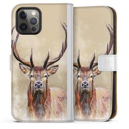 DeinDesign iPhone 12 Pro Max Handy Klapph&uuml;lle Handyh&uuml;lle aus Kunst Leder wei&szlig; Flip Case Animal Look Deer Reindeer Sideflip mit Lasche