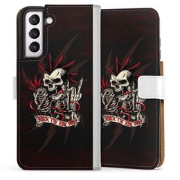 DeinDesign Galaxy S21 FE 5G Handy Klapph&uuml;lle Handyh&uuml;lle aus Kunst Leder wei&szlig; Flip Case Rock Totenkopf Music Sideflip mit Lasche