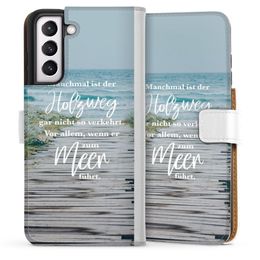 DeinDesign Galaxy S21 FE 5G Handy Klapph&uuml;lle Handyh&uuml;lle aus Kunst Leder wei&szlig; Flip Case Statement Beach Spruch Sideflip mit Lasche