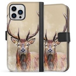 DeinDesign iPhone 13 Pro Max Handy Klapph&uuml;lle Handyh&uuml;lle aus Kunst Leder schwarz Flip Case Animal Look Deer Reindeer Sideflip mit langer Lasche