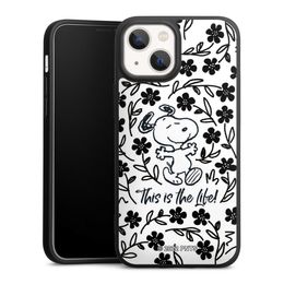 DeinDesign iPhone 13 Mini Handy Premium Silikon H&uuml;lle Handyh&uuml;lle schwarz Case Peanuts Flowers Snoopy Silikon Premium Case