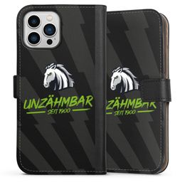 DeinDesign iPhone 13 Pro Max Handy Klapph&uuml;lle Handyh&uuml;lle aus Kunst Leder schwarz Flip Case Horse Borussia M&ouml;nchengladbach Official Licensed Product Sideflip mit 