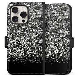DeinDesign iPhone 15 Pro Handy Klapph&uuml;lle Handyh&uuml;lle aus Kunst Leder schwarz Flip Case Glitzer Snowflake Muster Sideflip mit Lasche
