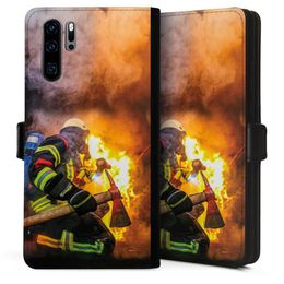 DeinDesign Huawei P30 Pro Handy Klapph&uuml;lle Handyh&uuml;lle aus Kunst Leder schwarz Flip Case Life Saver Fire Fighters Fire Sideflip mit langer Lasche