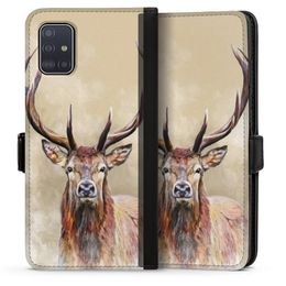 DeinDesign Galaxy A51 Handy Klapph&uuml;lle Handyh&uuml;lle aus Kunst Leder schwarz Flip Case Animal Look Deer Reindeer Sideflip mit Lasche