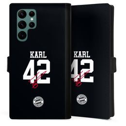 DeinDesign Galaxy S22 Ultra Handy Klapph&uuml;lle Handyh&uuml;lle aus Kunst Leder schwarz Flip Case Merchandise Fc Bayern M&uuml;nchen Lennart Karl Sideflip mit langer Lasche
