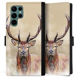 DeinDesign Galaxy S22 Ultra Handy Klapph&uuml;lle Handyh&uuml;lle aus Kunst Leder schwarz Flip Case Animal Look Deer Reindeer Sideflip mit langer Lasche