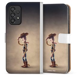 DeinDesign Galaxy A33 5G Handy Klapph&uuml;lle Handyh&uuml;lle aus Kunst Leder wei&szlig; Flip Case Disney Pixar Toy Story Woody Sideflip mit Lasche