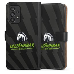 DeinDesign Galaxy A53 5G Handy Klapph&uuml;lle Handyh&uuml;lle aus Kunst Leder schwarz Flip Case Official Licensed Product Borussia M&ouml;nchengladbach Horse Sideflip mit 