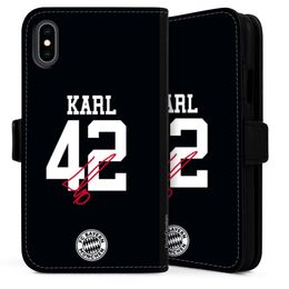DeinDesign iPhone X Handy Klapph&uuml;lle Handyh&uuml;lle aus Kunst Leder schwarz Flip Case Merchandise Fc Bayern M&uuml;nchen Lennart Karl Sideflip mit langer Lasche