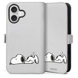 DeinDesign iPhone 16 Handy Klapph&uuml;lle Handyh&uuml;lle aus Kunst Leder wei&szlig; Flip Case Official Licensed Product Snoopy Peanuts Sideflip mit Lasche