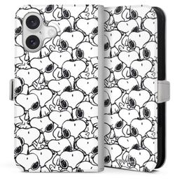 DeinDesign iPhone 16 Handy Klapph&uuml;lle Handyh&uuml;lle aus Kunst Leder wei&szlig; Flip Case Peanuts Snoopy Muster Sideflip mit Lasche