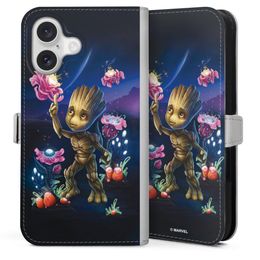 DeinDesign iPhone 16 Handy Klapph&uuml;lle Handyh&uuml;lle aus Kunst Leder wei&szlig; Flip Case Baby Groot Marvel Guardians Of The Galaxy Sideflip mit Lasche