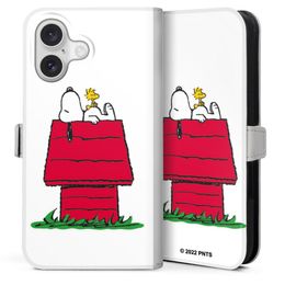 DeinDesign iPhone 16 Handy Klapph&uuml;lle Handyh&uuml;lle aus Kunst Leder wei&szlig; Flip Case Snoopy Peanuts Official Licensed Product Sideflip mit Lasche