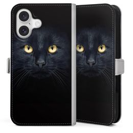 DeinDesign iPhone 16 Handy Klapph&uuml;lle Handyh&uuml;lle aus Kunst Leder wei&szlig; Flip Case Black Eye Cat Sideflip mit Lasche