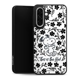 DeinDesign Galaxy A56 5G Handy Premium Silikon H&uuml;lle Handyh&uuml;lle schwarz Case Peanuts Flowers Snoopy Silikon Premium Case