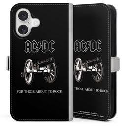 DeinDesign iPhone 16 Handy Klapph&uuml;lle Handyh&uuml;lle aus Kunst Leder wei&szlig; Flip Case Music Acdc Merchandise Sideflip mit Lasche