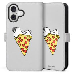 DeinDesign iPhone 16 Handy Klapph&uuml;lle Handyh&uuml;lle aus Kunst Leder wei&szlig; Flip Case Peanuts Pizza Snoopy Sideflip mit Lasche