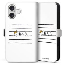 DeinDesign iPhone 16 Handy Klapph&uuml;lle Handyh&uuml;lle aus Kunst Leder wei&szlig; Flip Case Snoopy Dog Peanuts Sideflip mit Lasche