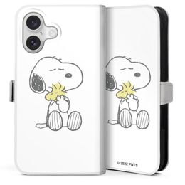 DeinDesign iPhone 16 Handy Klapph&uuml;lle Handyh&uuml;lle aus Kunst Leder wei&szlig; Flip Case Snoopy Love Peanuts Sideflip mit Lasche
