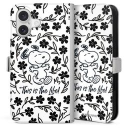 DeinDesign iPhone 16 Handy Klapph&uuml;lle Handyh&uuml;lle aus Kunst Leder wei&szlig; Flip Case Peanuts Flowers Snoopy Sideflip mit Lasche