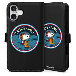 DeinDesign iPhone 16 Plus Handy Klapph&uuml;lle Handyh&uuml;lle aus Kunst Leder schwarz Flip Case Peanuts Weltall Snoopy Sideflip mit Lasche