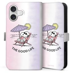 DeinDesign iPhone 16 Handy Klapph&uuml;lle Handyh&uuml;lle aus Kunst Leder wei&szlig; Flip Case Snoopy Official Licensed Product Peanuts Sideflip mit Lasche