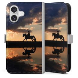 DeinDesign iPhone 16 Handy Klapph&uuml;lle Handyh&uuml;lle aus Kunst Leder wei&szlig; Flip Case Glitzer Einhorn Statement Sideflip mit Lasche