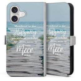 DeinDesign iPhone 16 Handy Klapph&uuml;lle Handyh&uuml;lle aus Kunst Leder wei&szlig; Flip Case Statement Beach Spruch Sideflip mit Lasche