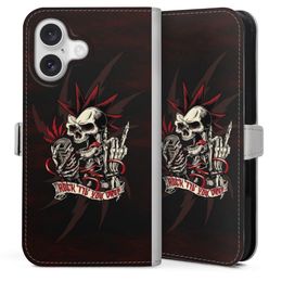 DeinDesign iPhone 16 Handy Klapph&uuml;lle Handyh&uuml;lle aus Kunst Leder wei&szlig; Flip Case Rock Totenkopf Music Sideflip mit Lasche